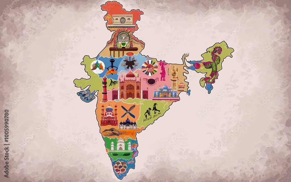 Illustrated map of India with various famous landmarks and cultural ...