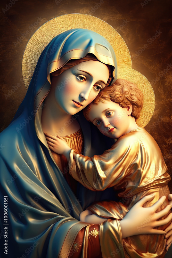Icon of the Virgin mary is holding baby jesus. Both with golden halo ...