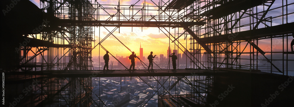 Depict a construction scene high above the ground where workers are ...