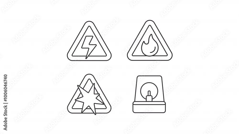 Hazard caution signs animation set. Danger labels animated line icons ...
