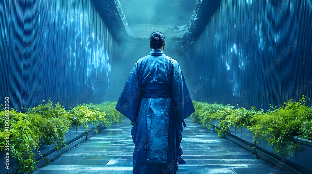 Walking Through a Mystical Blue Pathway with Traditional Attire ...