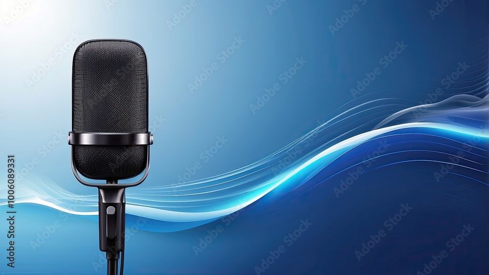 Blue background banner featuring a sleek microphone and flowing ...