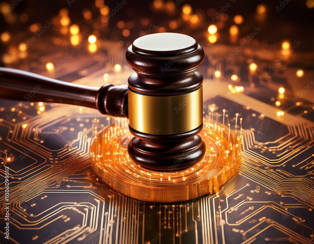AI Act Regulation Gavel on circuit board amid glowing orange lights ...