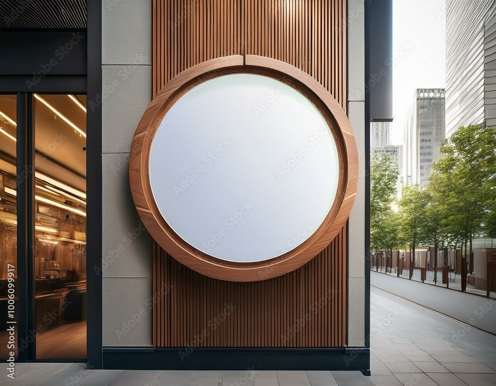 Blank circular storefront signboard with wooden frame hanging on a modern shop facade, ready for ...