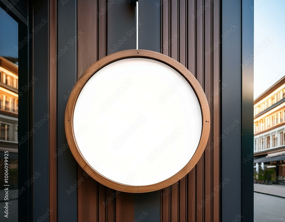 Blank circular storefront signboard with wooden frame hanging on a ...