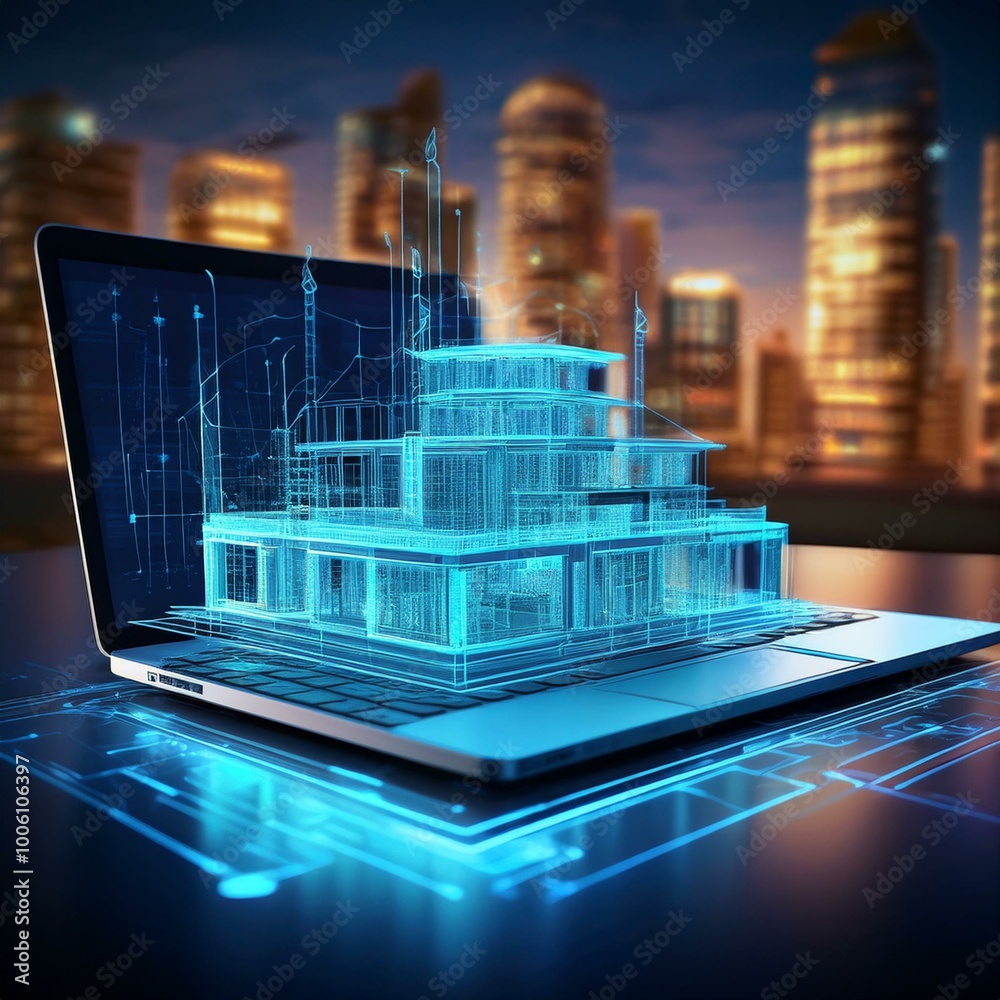 Holographic 3D building model on laptop, digital Building Information Modeling (BIM) technology ...