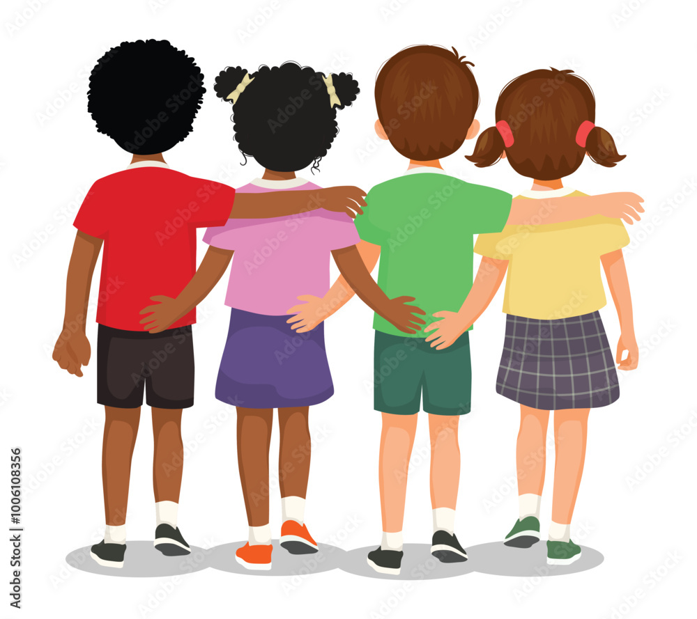 Back view cute little kids hugging embracing with arm around each ...