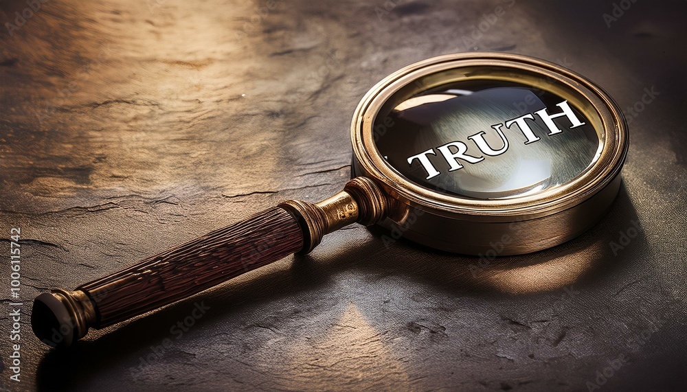 Vintage magnifying glass lying on rough surface focusing on the word ...