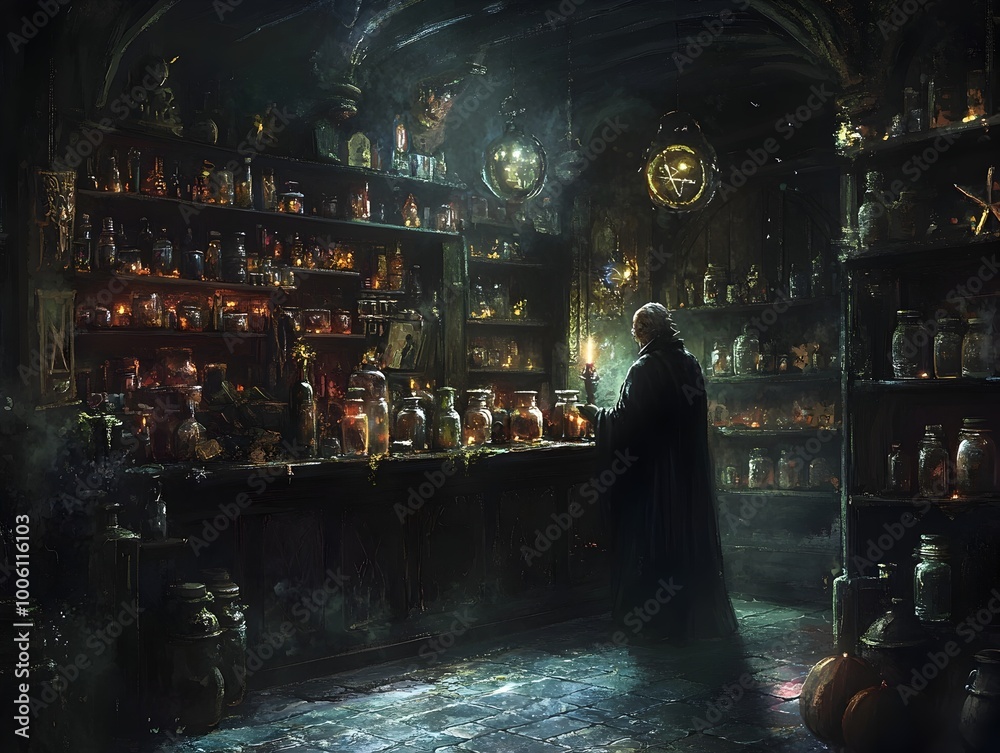 Dimly lit Halloween magic shop with shadowy shelves filled with jars of ...
