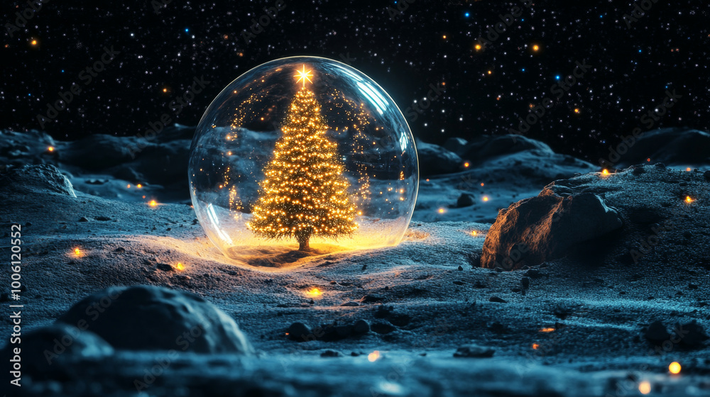 Under a starlit sky, a beautifully lit Christmas tree sits inside a ...