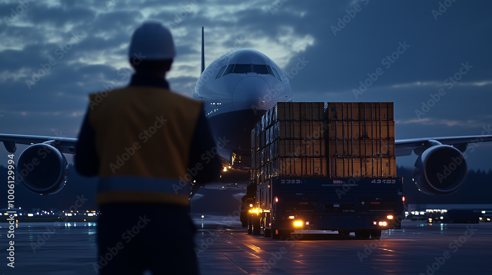 Ground workers guiding logistics containers onto a large freighter jet ...