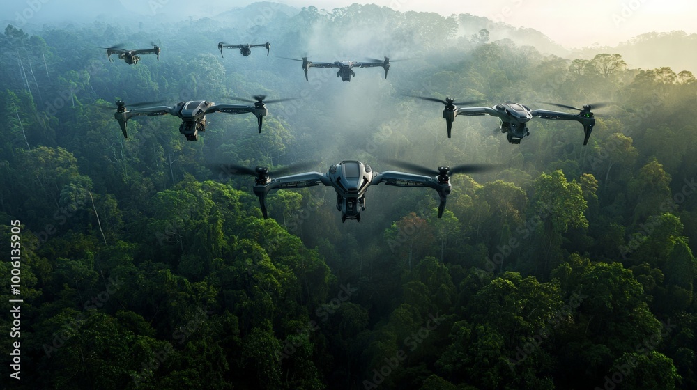 A group of robotic AI birds flying in perfect formation over a lush ...