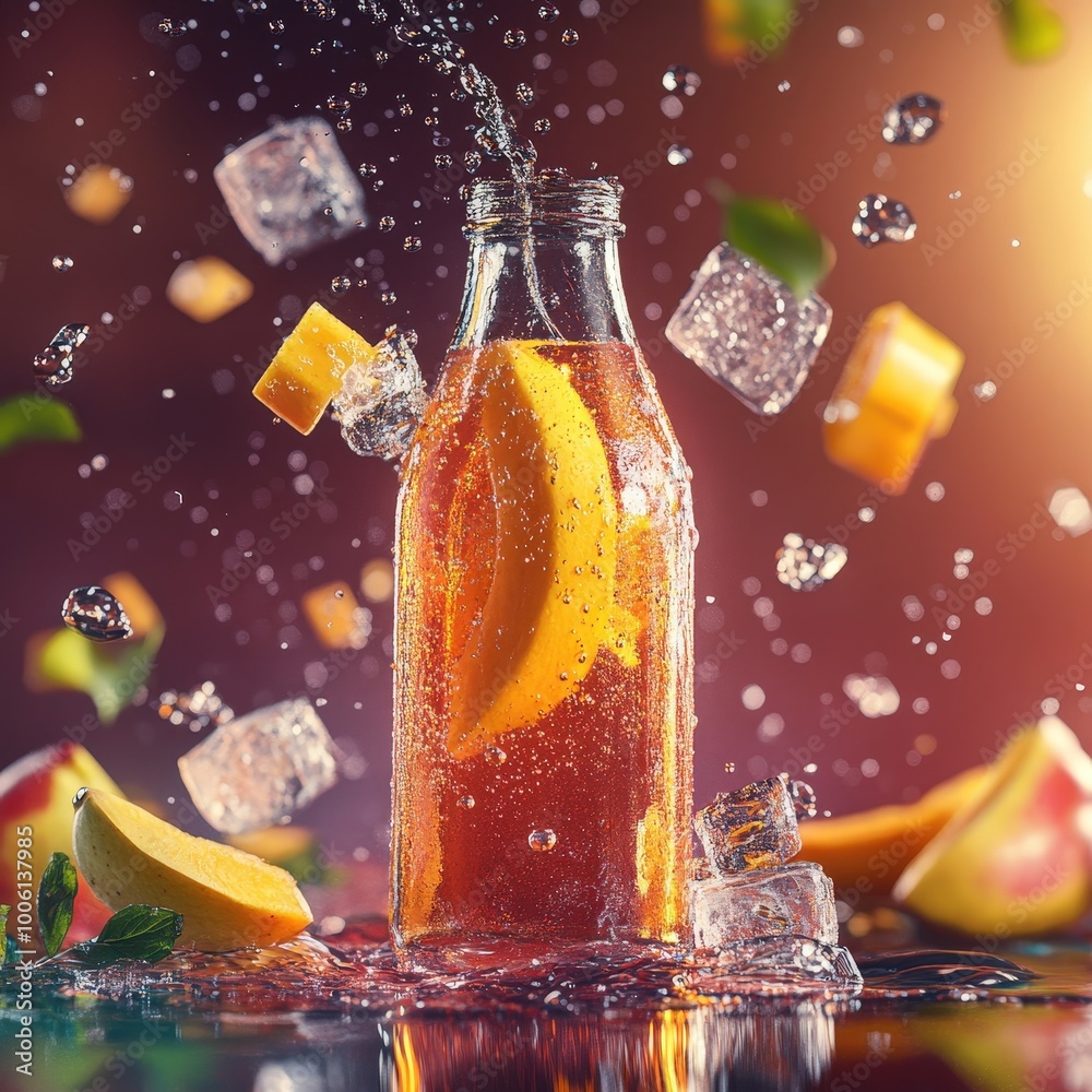 Refreshing beverage splash with citrus slices and ice cubes, vibrant colors, dynamic composition ...