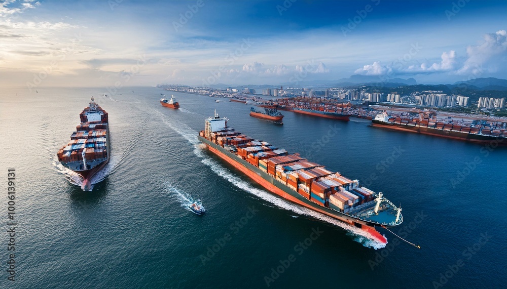 Bird's eye view of freight ships at sea, worldwide shipping and ...