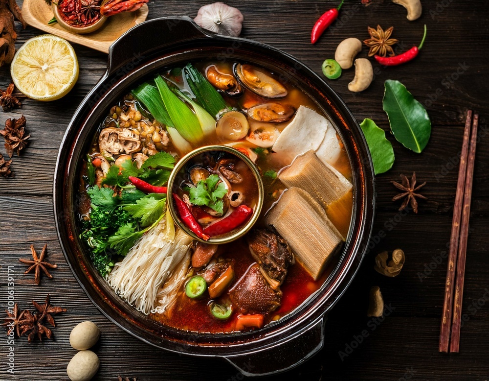 Bird's eye view of traditional sichuan hot pot served on rustic wood ...
