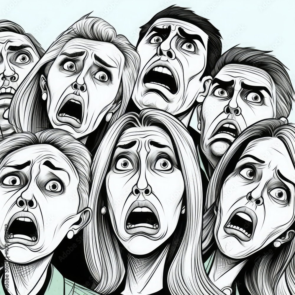 Pop art-style illustration of a terrified crowd, featuring multiple ...