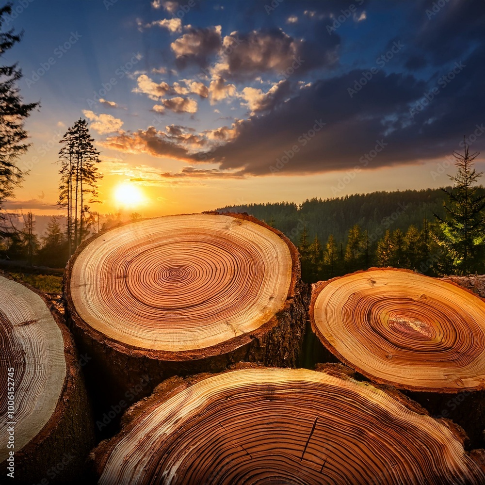 Radiant twilight illuminating cut logs in a serene forest setting ...