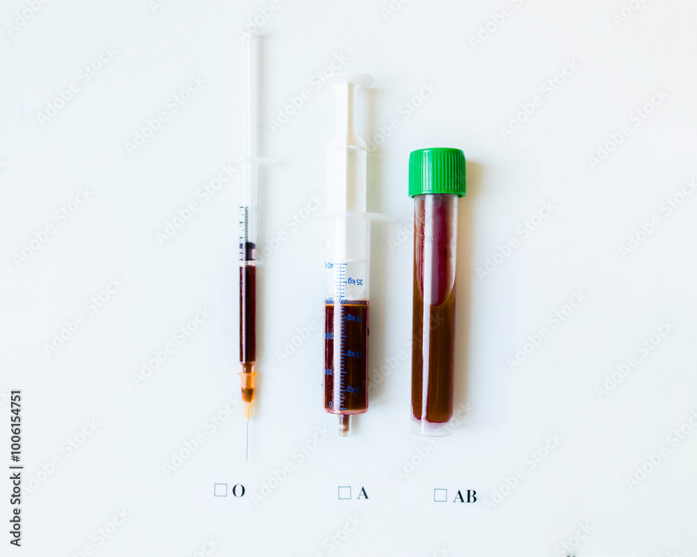 Blood test syringes and vial for blood donation on white background ...
