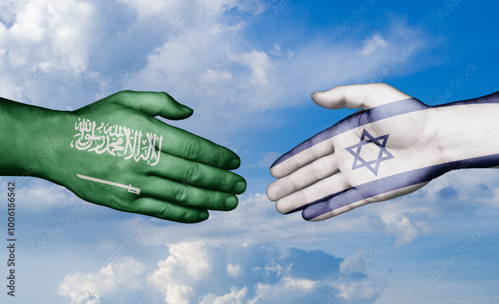 Israel and Saudi Arabia country handshaking with flags, consensus ...