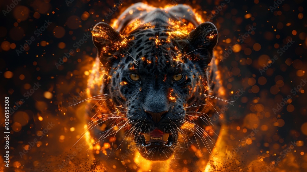 Angry black jaguar with gaping mouth and fiery mane, Glowing yellow ...