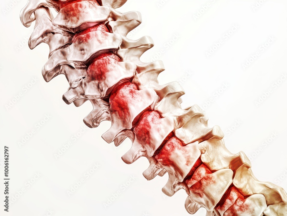 Anatomical cutaway of spine with disc degeneration, red inflamed areas ...