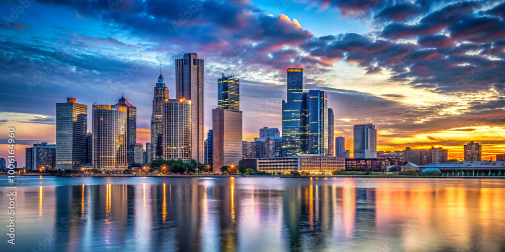 stunning view of Detroit skyline at dusk, showcasing vibrant colors of ...