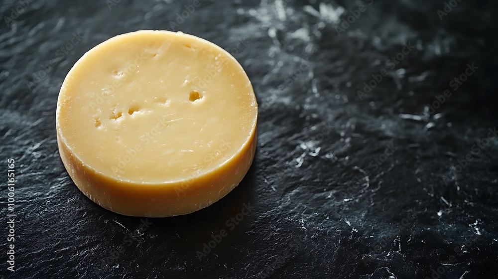 Close-up of a round slice of Provolone cheese, positioned on a deep ...