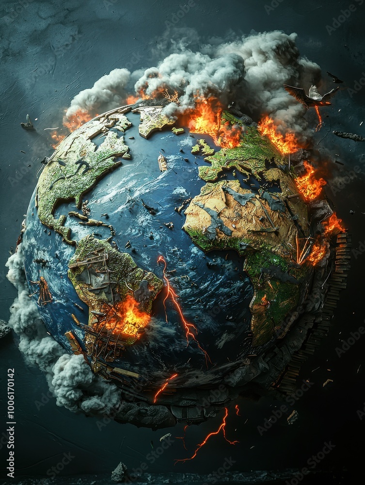 Earth surrounded by flames and thick smoke, representing the impact of ...