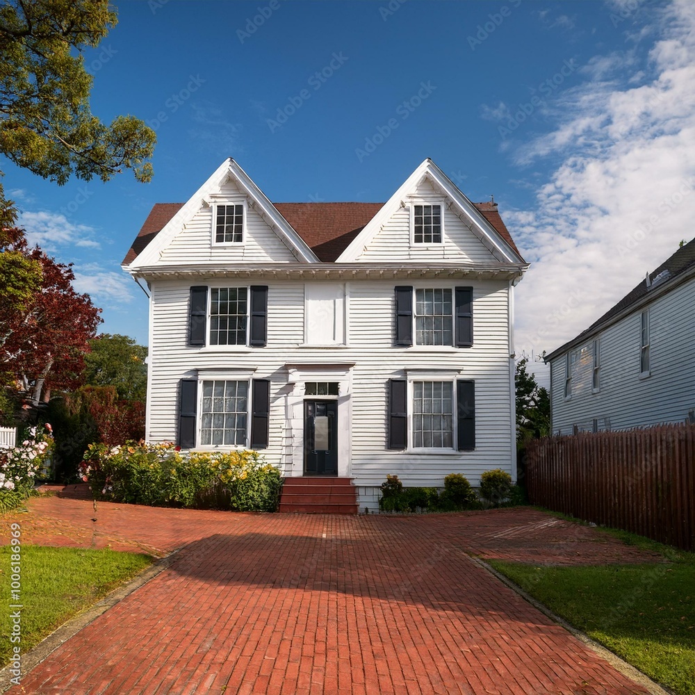 Classic white clapboard house with the red brick sidewalk. Stock Photo ...