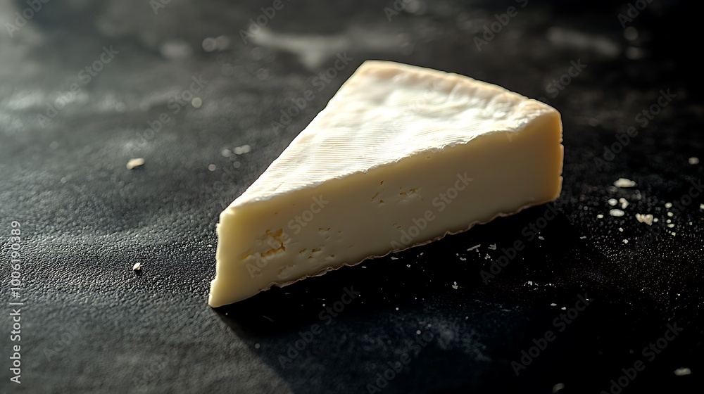 Single wedge of Brie cheese with a creamy white surface, positioned on ...