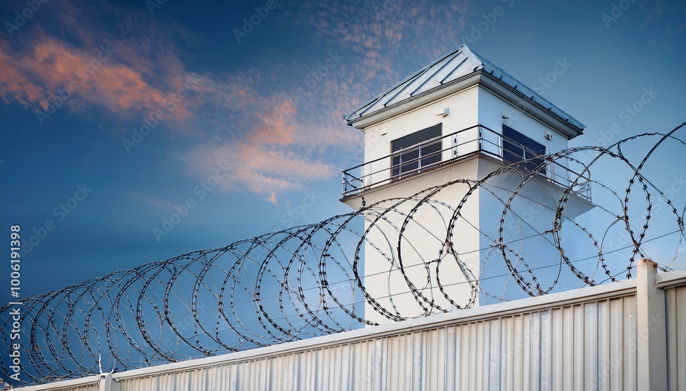 Prison watchtower protected by wire of prison fence.White prison wall ...