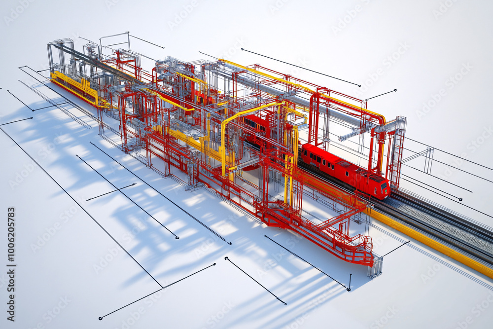 3D rendering of a complex industrial piping system with red and yellow ...