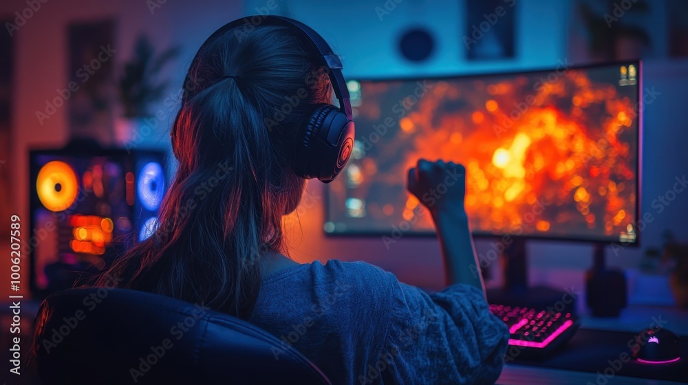 woman sitting in a gaming chair wearing headphones and raising a fist ...