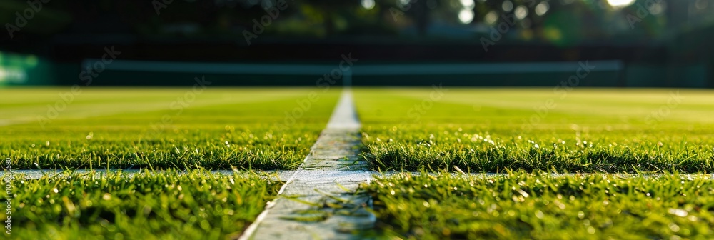 Pristine grass tennis court with crisp white boundary line stretching ...