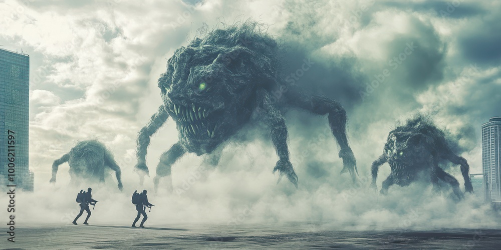 Epic battle between soldiers and gigantic monsters in a foggy urban ...