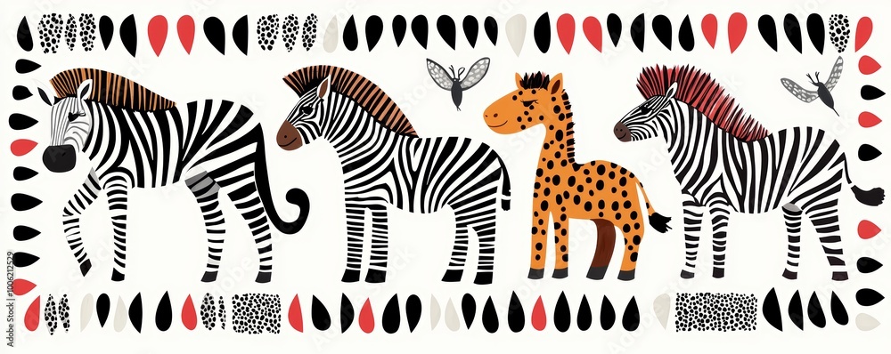 An ethnic design with African wildlife, stylized animals, and ...