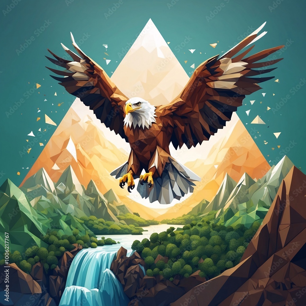 2D poster design in low poly style featuring an eagle with wings spread ...