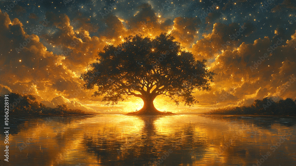 tree of life reflected in ocean under night sky, epic wide angle ...