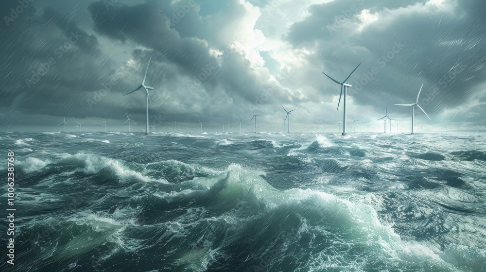 Image shows stormy offshore wind farm with turbines in ocean, agitated ...