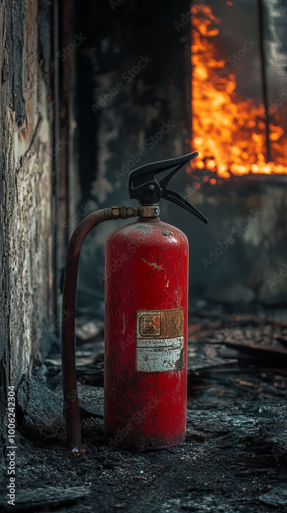 Old fire extinguisher standing amidst ashes of burnt building Stock ...