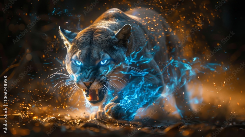Angry puma with open mouth and fiery mane, Glowing eyes, jumping, blue ...