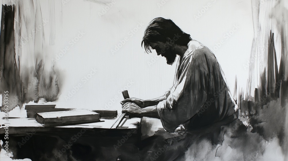ink wash painting of Jesus working as a carpenter woodworking with ...