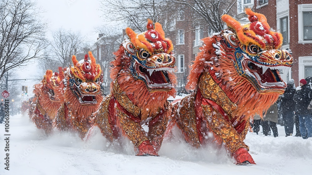 Lion dancers performing acrobatic moves on stilts, creating dynamic ...