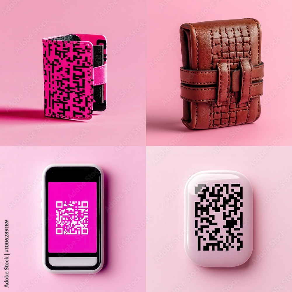 Cryptocurrency wallet with a QR code icon on a light pink background ...