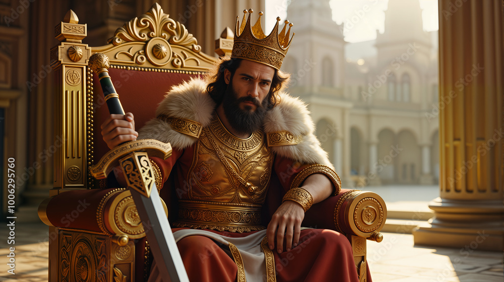 A regal depiction of King David seated on a majestic throne, adorned in ...