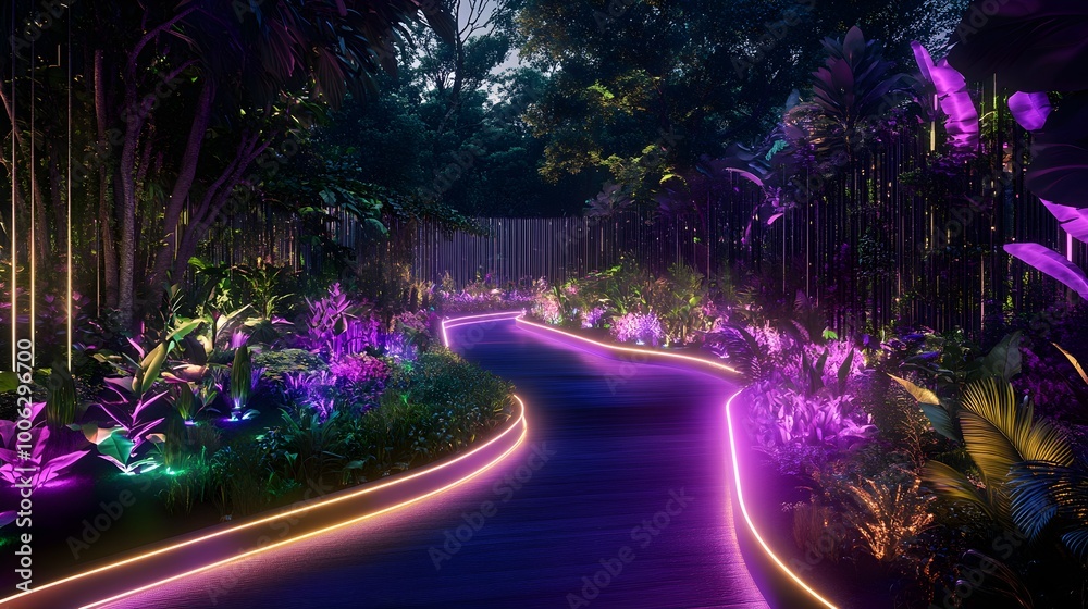 A modern botanical garden featuring interactive digital plant displays ...
