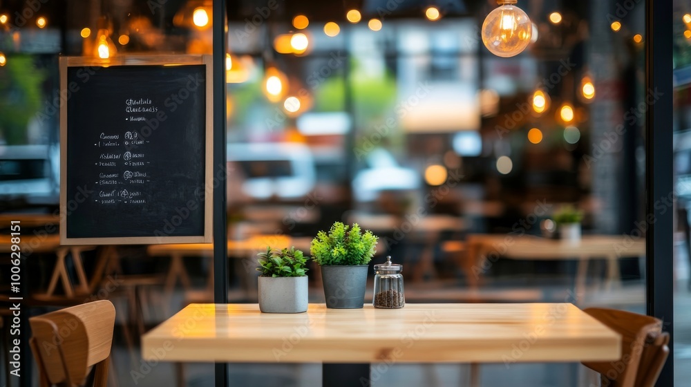A sleek window display invites diners into a trendy bistro with wooden ...