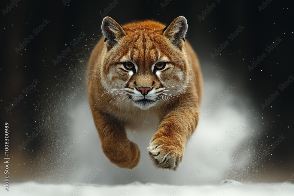 High speed photograph of a lynx running in dim light, dust swirling ...