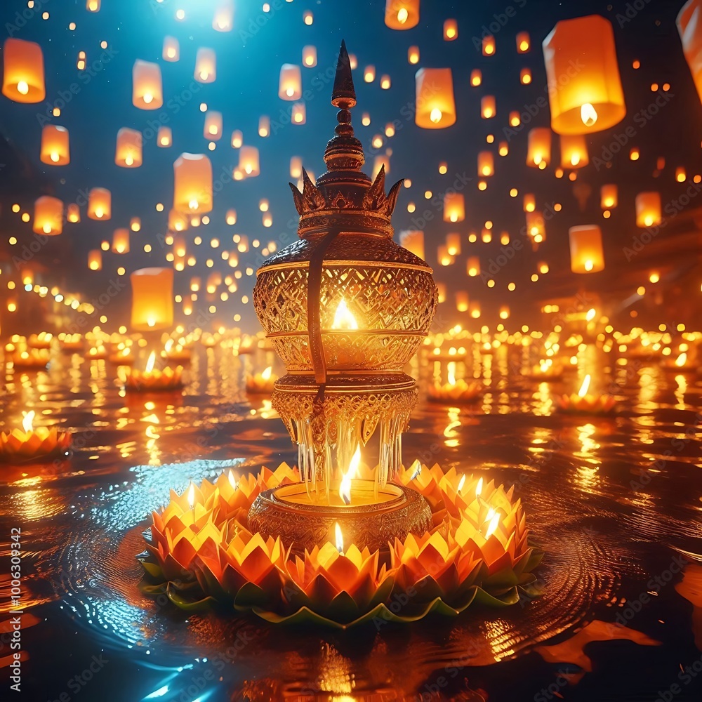 Floating Loy krathong and candle in moon folk festival. Loy Krathong ...