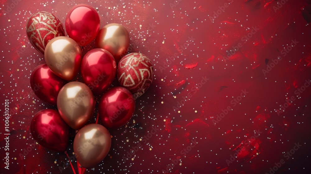 Happy birthday. red and gold balloons with glitter on red background ...